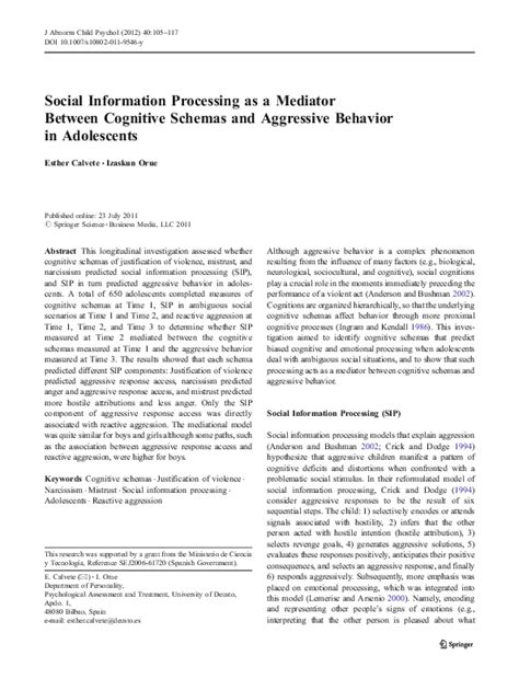 Pdf Social Information Processing As A Mediator Between Cognitive Schemas And Aggressive