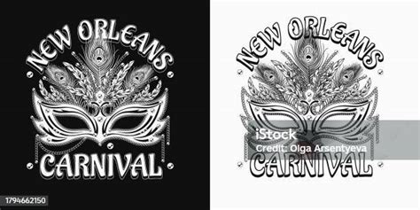 카니발 마디 그라 흑백 라벨 마스크 체인 깃털 구슬 텍스트 뉴 올리언스 프린트 의류 티셔츠 표면 디자인 빈티지 일러스트입니다 Ai가 아님 가면 무도회에 대한 스톡 벡터 아트