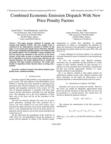 Pdf Combined Economic Emission Dispatch With New Price Penalty Factors