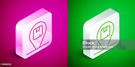 분홍색과 녹색 배경에 격리 된 골판지 상자 아이콘이있는 등색 선 위치 위치 배달 서비스 물류 및 운송 유통 실버 스퀘어 버튼 벡터 3차원 형태에 대한 스톡 벡터 아트 및