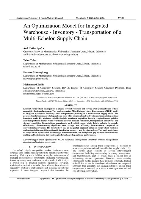 Pdf An Optimization Model For Integrated Warehouse Inventory
