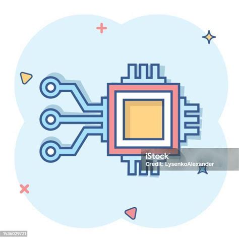 만화 스타일의 컴퓨터 칩 아이콘 흰색 고립 된 배경에 회로 보드 만화 벡터 그림 Cpu 프로세서 스플래시 효과 비즈니스 개념