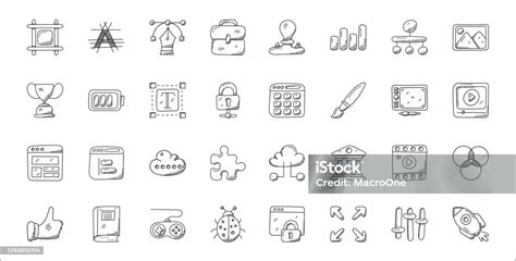 로켓 발사 확장 버그 엄지 손가락 비디오 플레이어 채팅 미디어 플레이어 사각형 달력 배터리 수준과 같은 32 개의 웹 디자인 및 개발 얇은 윤곽 아이콘 세트 교육에 대한