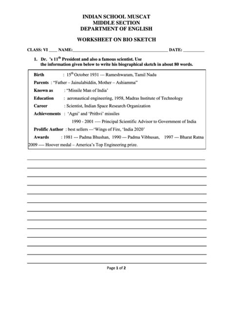 Bio Sketch Worksheet Template Printable Pdf Download