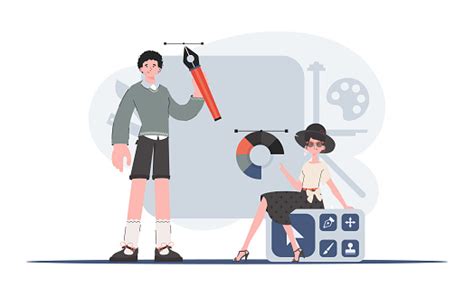 한 여자가 색상 팔레트를 들고 앉아 있고 한 남자가 그 옆에 서서 펜 도구를 들고 있습니다 디자인 프레젠테이션을 위한 요소 가상현실에 대한 스톡 벡터 아트 및 기타 이미지