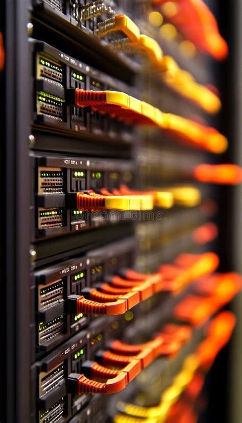 Close Up View Of Server Rack With Network Cables And Glowing Lights Data Center Technology