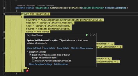 `nullreferenceexception` In `getdiagnosticfrommarker` · Issue 1906 · Powershell