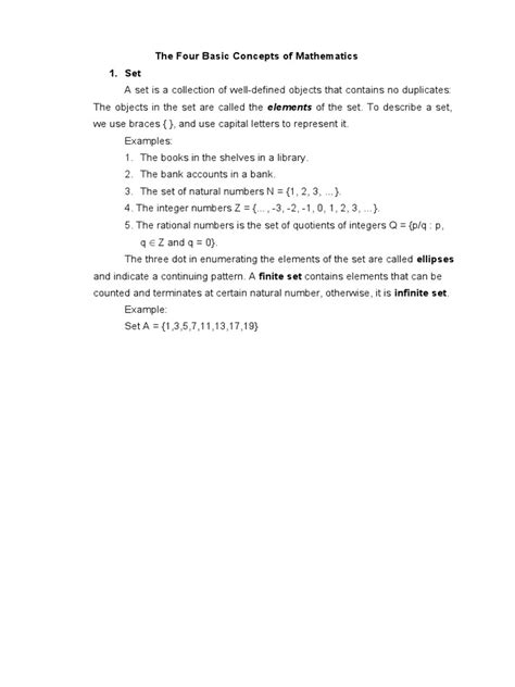 lesson 2 the four basic concepts of mathematics pdf set