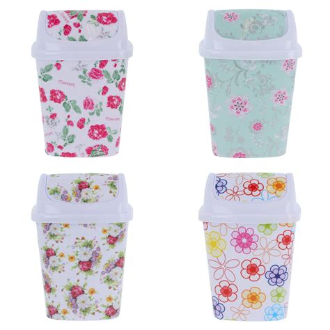 Table Top Bins Mini Floral Square Desk Swing Top Lid Dustbin Rubbish