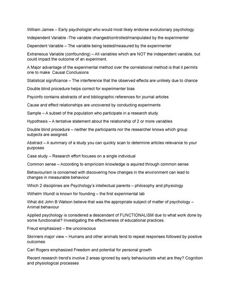 Psyc Final Review Notes William James Early Psychologist Who