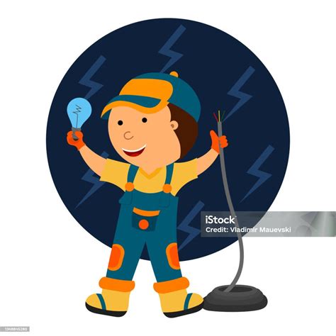 흰색 배경에 고립 된 전기 기술자의 만화 일러스트레이션 건물 정면에 대한 스톡 벡터 아트 및 기타 이미지 건물 정면 건설