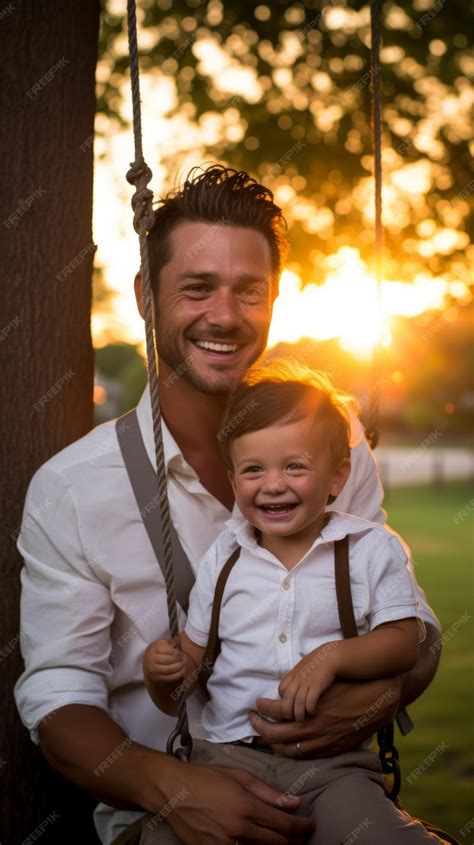 Premium Photo Happy Father And Son Swinging On A Rope Swing In The