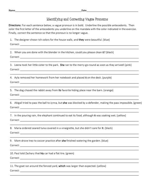 Identifying And Correcting Vague Pronouns Color By Number By Funrithmetic