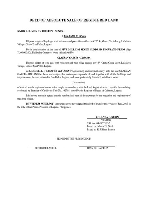 Deed Of Absolute Sale Of Registered Land Deed Land Lot