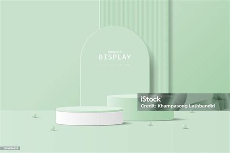 추상 녹색과 흰색 3d 실린더 연단 받침대는 아치 모양 수직 배경 및 구체 공으로 사실적입니다 제품 모형을 위한 최소한의 장면 3d 벡터 기하학적 형태입니다 쇼케이스를 위한