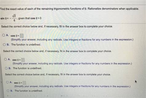 solved find the exact value of each of the remaining