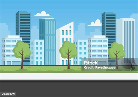 도로 빈 도시 거리 현대적인 고층 빌딩 공원 및 빈 도로가 있는 만화 도시 풍경 0명에 대한 스톡 벡터 아트 및 기타 이미지