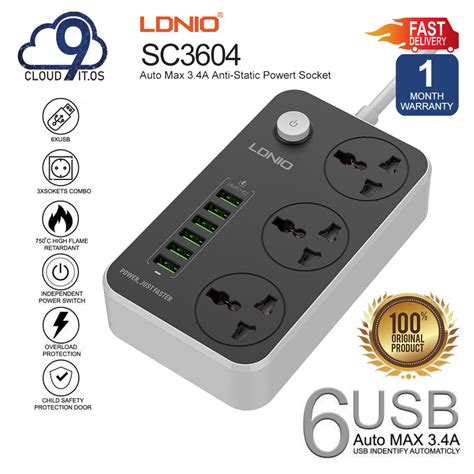 Ldnio Sc3604 Power Strip 3 Universal Socket With 6 Usb Output 3 4a And 2m