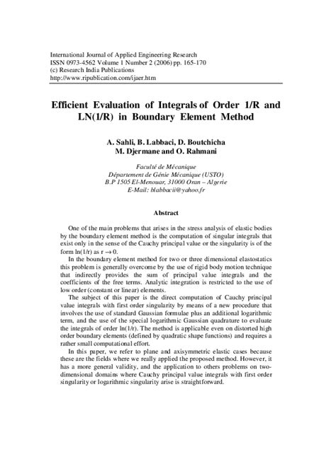 Pdf Efficient Evaluation Of Integrals Of Order 1 R And Ln 1 R In Boundary Element Method