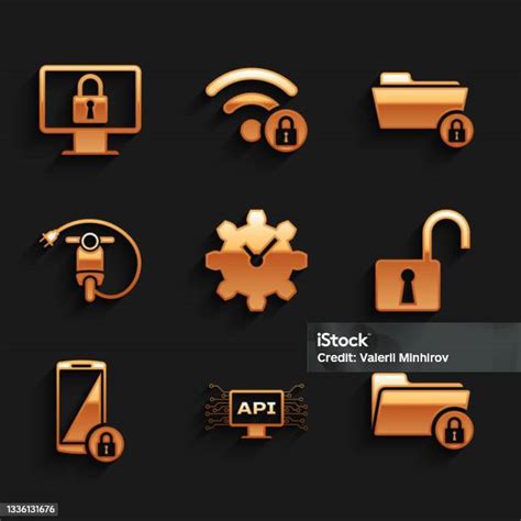 시간 관리 컴퓨터 Api 인터페이스 폴더 및 잠금 오픈 자물쇠 스마트 폰 및 전기 스쿠터 아이콘을 설정합니다 벡터 Brand Name Smart Phone에 대한 스톡 벡터