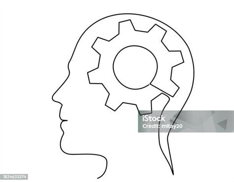 흰색 배경에 선 그리기로 남자 머리와 기어의 연속적인 한 선 그리기 벡터 개념에 대한 스톡 벡터 아트 및 기타 이미지 개념