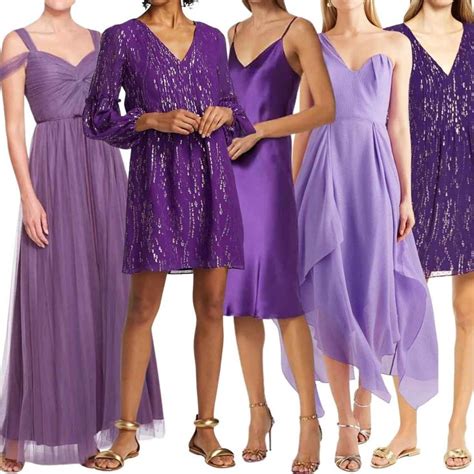 Three Women In Purple Dresses Standing Next To Each Other