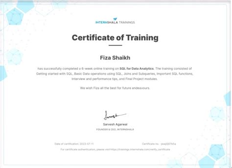 Fiza Shaikh On Linkedin Internshala Sql Dataanalytics Training