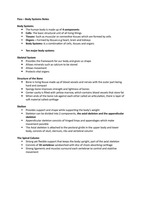 Body System Notes Pass Body Systems Notes Body Systems The Human