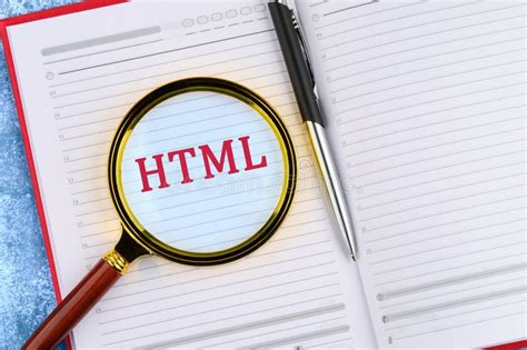 Magnifying Glass Highlighting Html Text In A Notebook With A Pen On A Textured Surface Stock