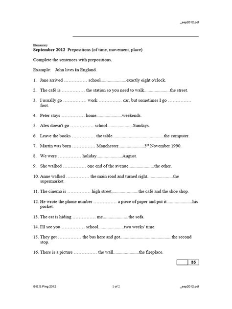Preposition Exercise Pdf