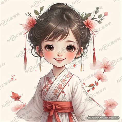 Ai创作图一个古风活泼可爱的小姑娘 国风 微笑 干净背景 简单背景 草稿 手绘 素描 昵图网