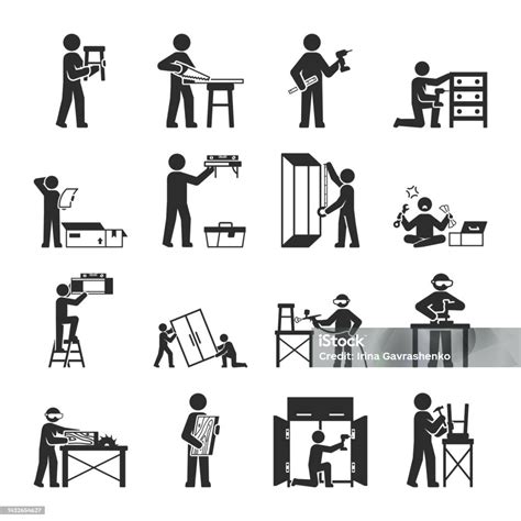 Assembling Furniture Icons Set Furniture Production Installation And