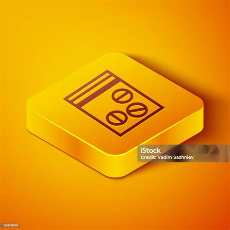 주황색 배경에 격리 된 약물 아이콘의 등색 라인 비닐 가방 건강 위험 노란색 정사각형 버튼입니다 벡터 일러스트레이션 3차원 형태에 대한 스톡 벡터 아트 및 기타 이미지