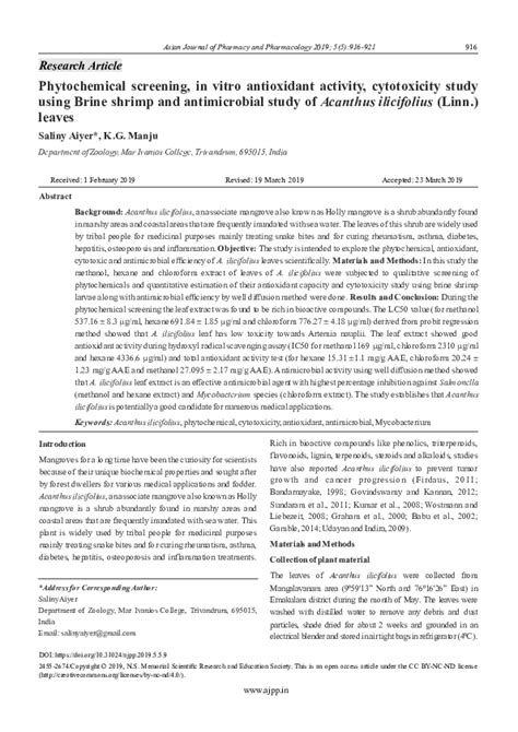 Pdf Phytochemical Screening In Vitro Antioxidant Activity