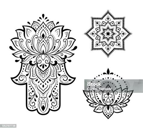 함사 손으로 그린 기호 연꽃 세트 인테리어 장식과 헤나 도면동양 스타일의 장식 패턴 파티마의 손의 고대 기호 연꽃과에 대한 스톡 벡터 아트 및 기타 이미지 Istock