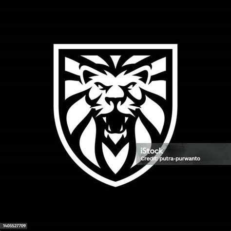 라이온 쉴드 라인 아트 또는 실루엣 엠블럼 로고 디자인 어두운 배경에 사자 머리와 방패 벡터 일러스트 레이 션 갈기에 대한 스톡