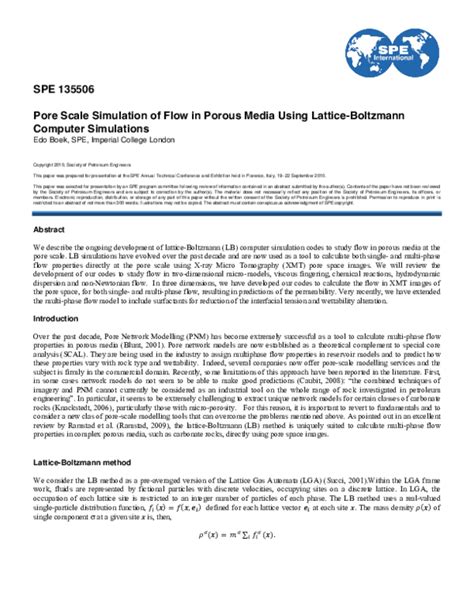 Pdf Pore Scale Simulation Of Flow In Porous Media Using Lattice Boltzmann Computer Simulations