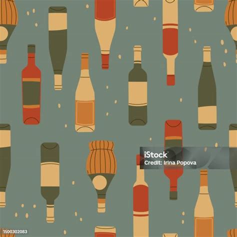 다양한 모양과 유형의 와인 병의 벡터 원활한 패턴입니다 빈티지 색상 디자인을 위한 벡터 일러스트레이션 드로잉에 대한 스톡 벡터