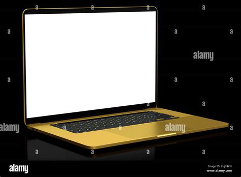Realistic Gold Aluminum Laptop With Empty White Screen Display Isolated On Black Background 3d