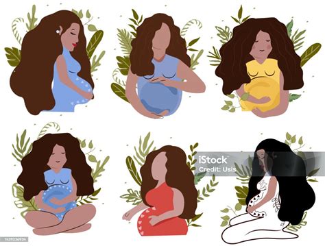 꽃과 나뭇잎의 배경에 행복 한 임신 여자입니다 임산부의 컬렉션입니다 플랫 스타일의 여성 캐릭터 개념 모성 건강 및 임신 벡터 그림 가족에 대한 스톡 벡터 아트 및 기타