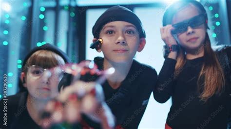 Team Of Babe Curious Hackers Sneaking Into Server Room Of Data Center Spy Kid Wearing Robotic