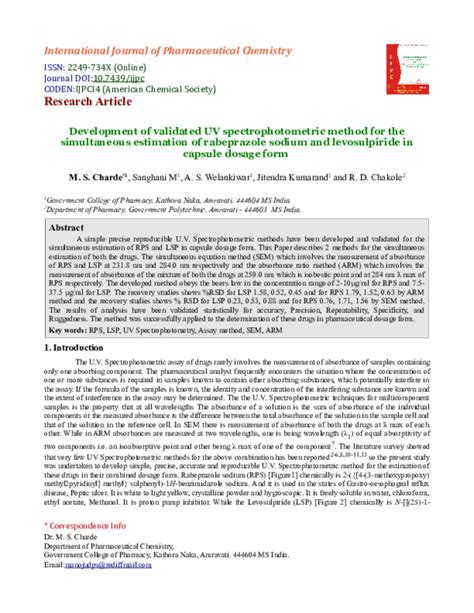 Pdf Development Of Validated Uv Spectrophotometric Method For The