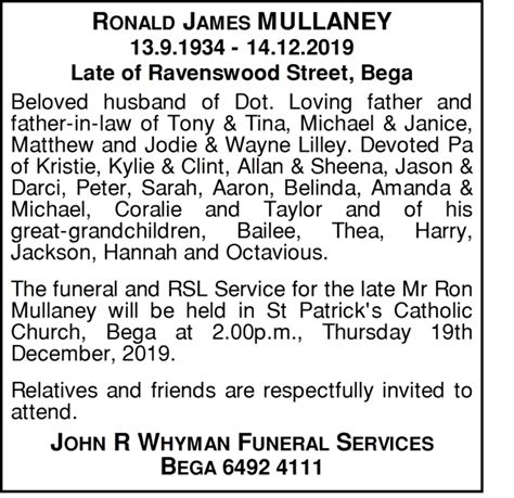 Ronald James Mullaney Tributes Bega District News Bega District News Bega Nsw