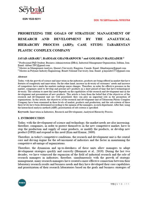 Prioritizing The Goals Of Strategic Management Of Research And Development By The Analytical