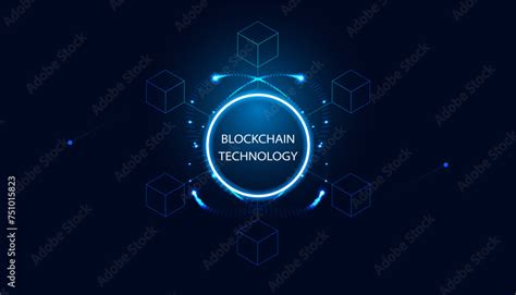 Vecteur Stock Blue Circles And Neon Lights Connected Squares Blockchain Technology
