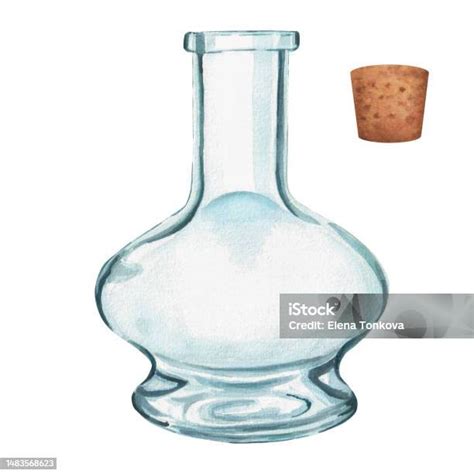 마개가 있는 수정처럼 맑은 유리병의 손으로 그린 수채화 그림 디자인 엽서 표지 웹 등을 인쇄하기 위해 다양한 이미지와 결합하는 일러스트레이션입니다 건강관리와 의술에 대한