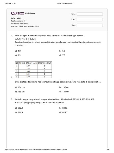 Quizizz Data Mean Pdf