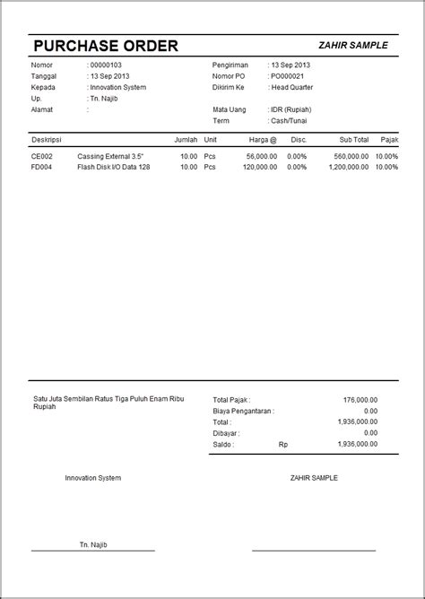 Contoh Purchase Order Excel Ruang Ilmu