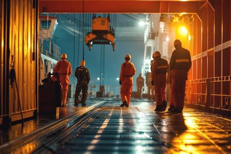 Premium Photo Crew In Uniform Manages Loading On Container Ship At Night