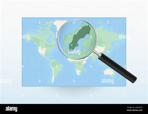 Map Of The World With A Magnifying Glass Aimed At Sweden Searching Sweden With Loupe Vector